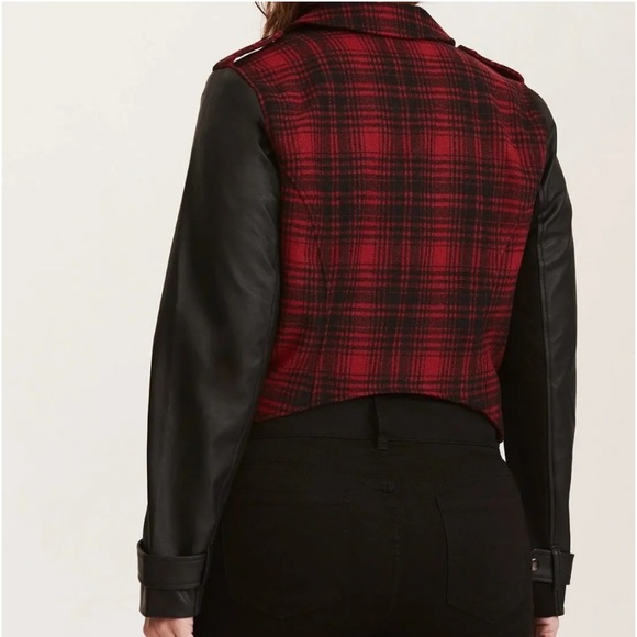 torrid | Jackets & Coats | Torrid Red Black Plaid Mixed Fabric Moto ...